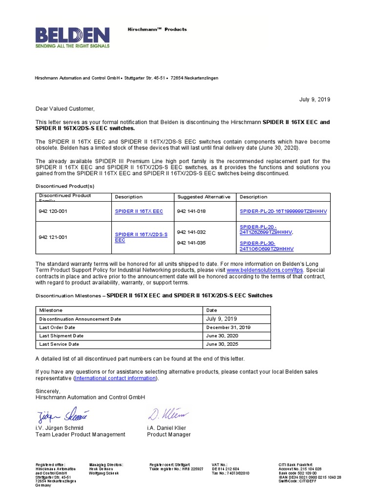Long Term Product Support Letter - Hirschmann SPIDER II 16TX EEC ...