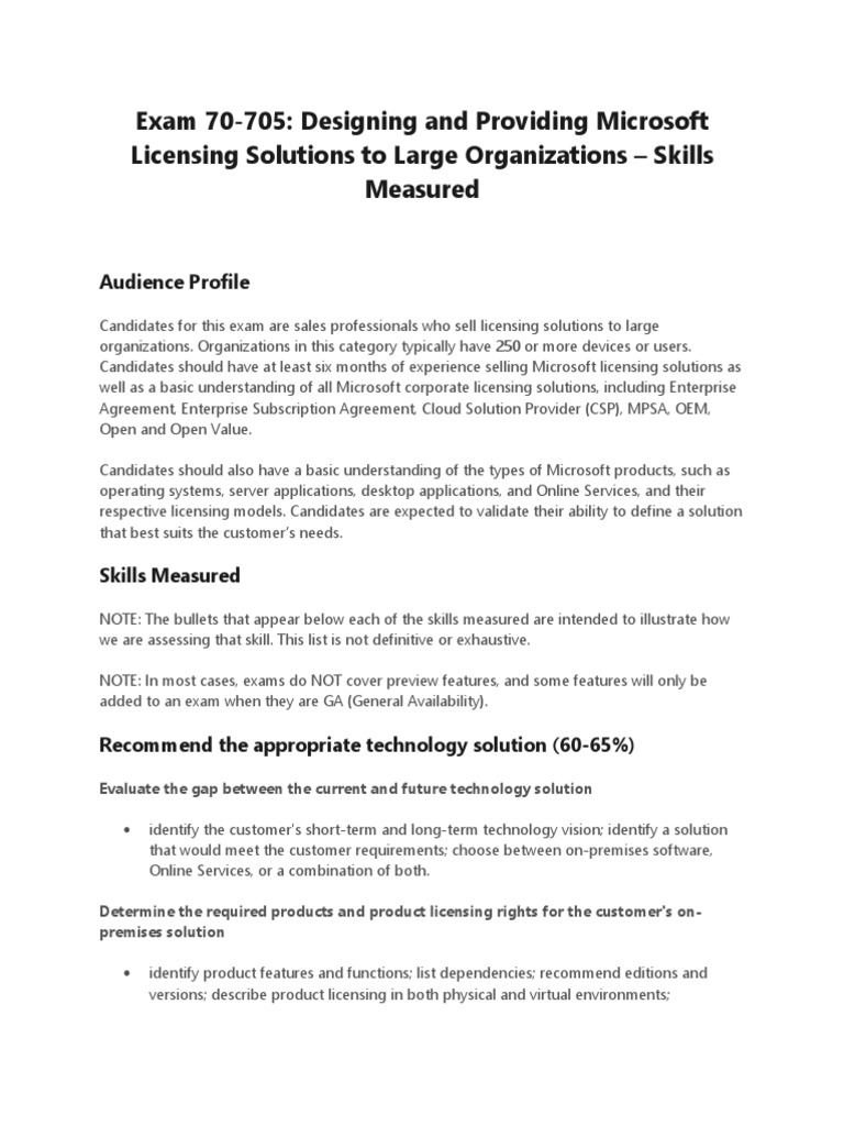 Exam 70 705 Designing and Providing Microsoft Licensing Solutions To ...