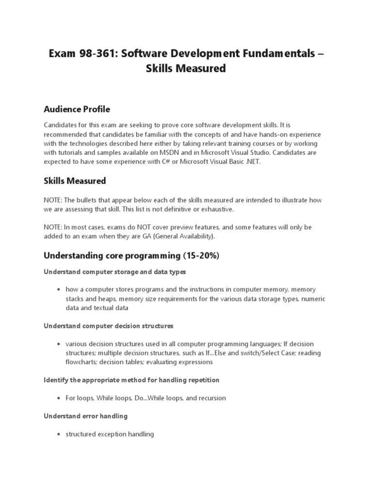 Exam 98-361: Software Development Fundamentals - Skills Measured | PDF | Web Application | World ...