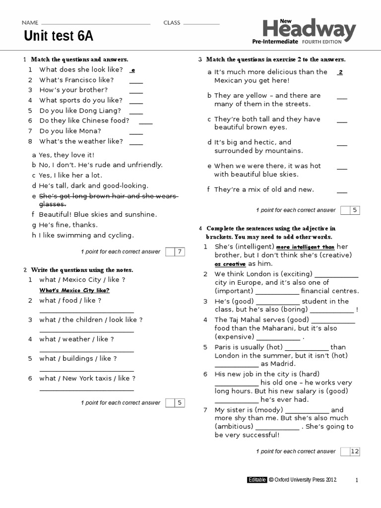 Unit Test 6A: 1 Match The Questions and Answers. 3 Match The Questions ...