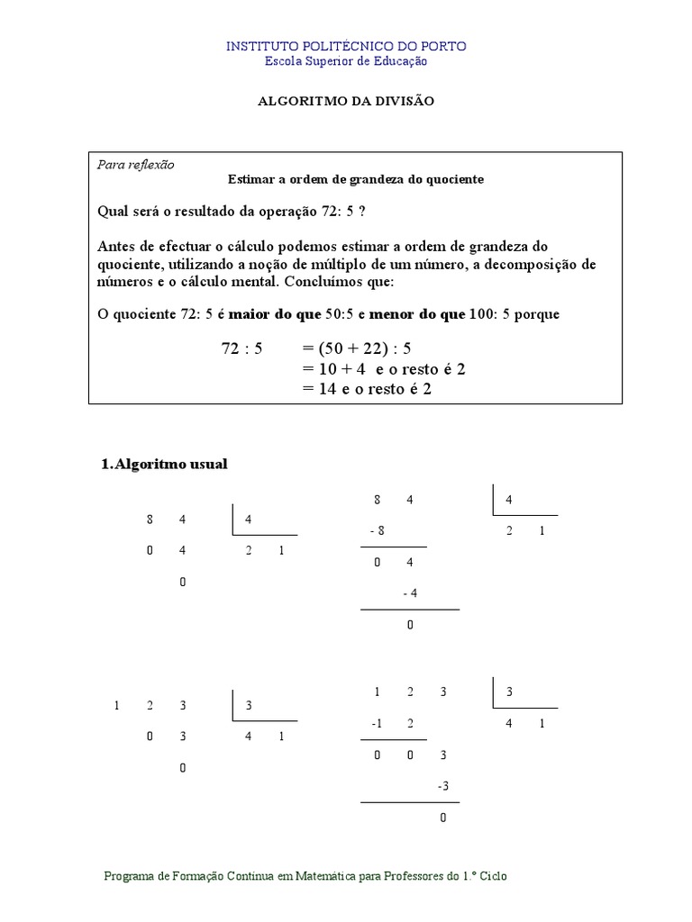 Algoritmos Divisao | PDF | Divisão (Matemática) | Matemática elementar