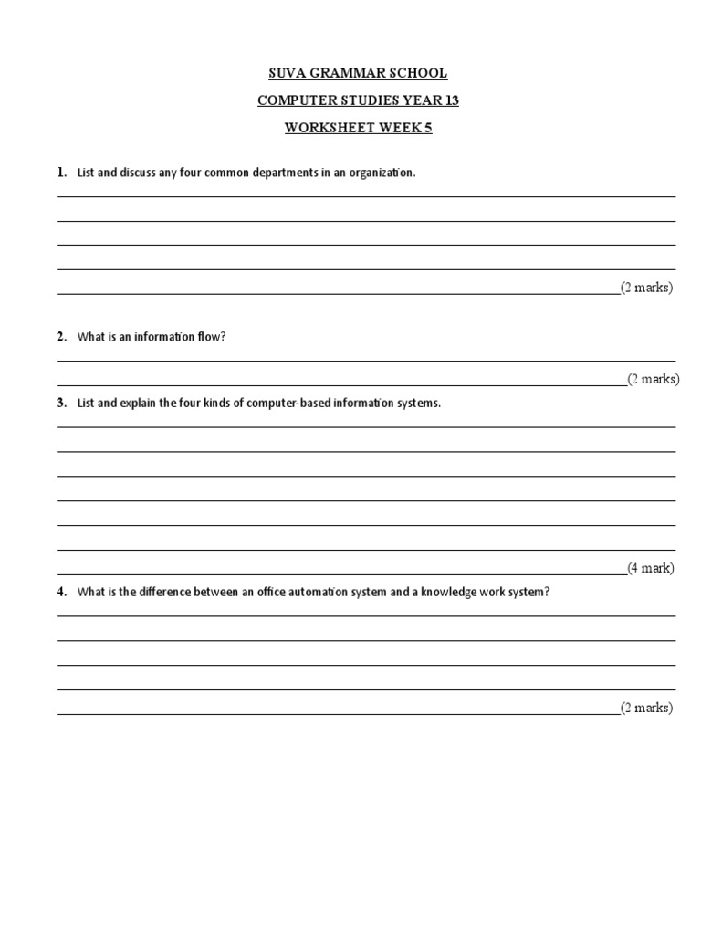 Suva Grammar School Computer Studies Year 13 Worksheet Week 5 1 | PDF ...