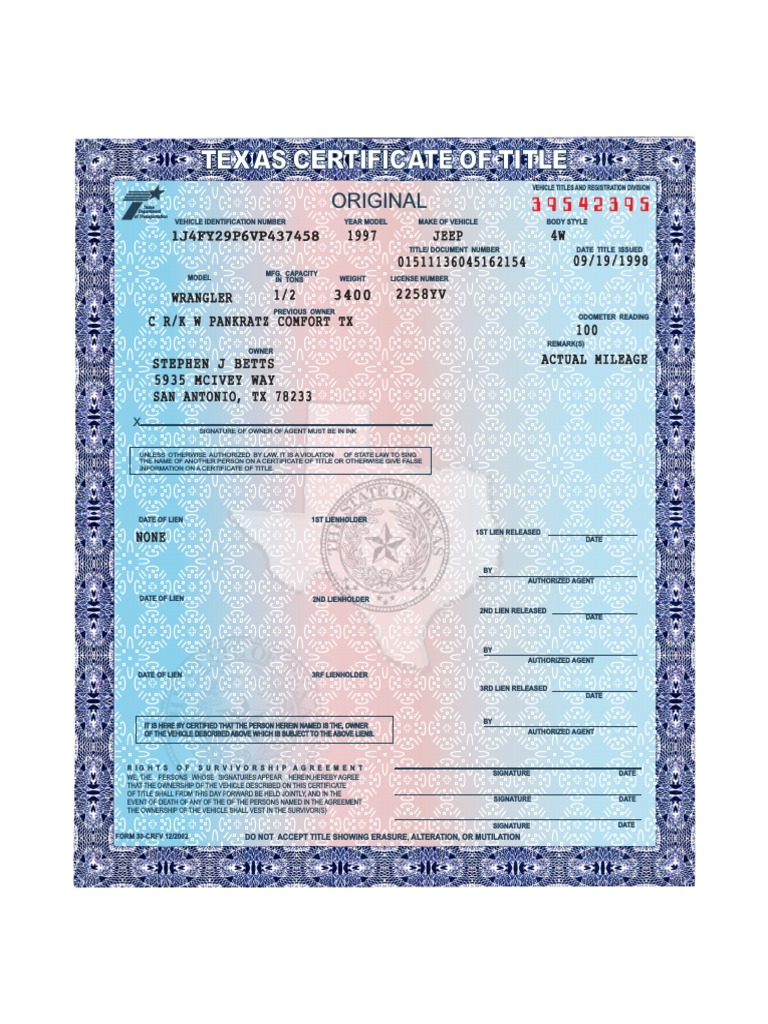 Texas Certificate of Title: Original | Download Free PDF | Property Law | Property