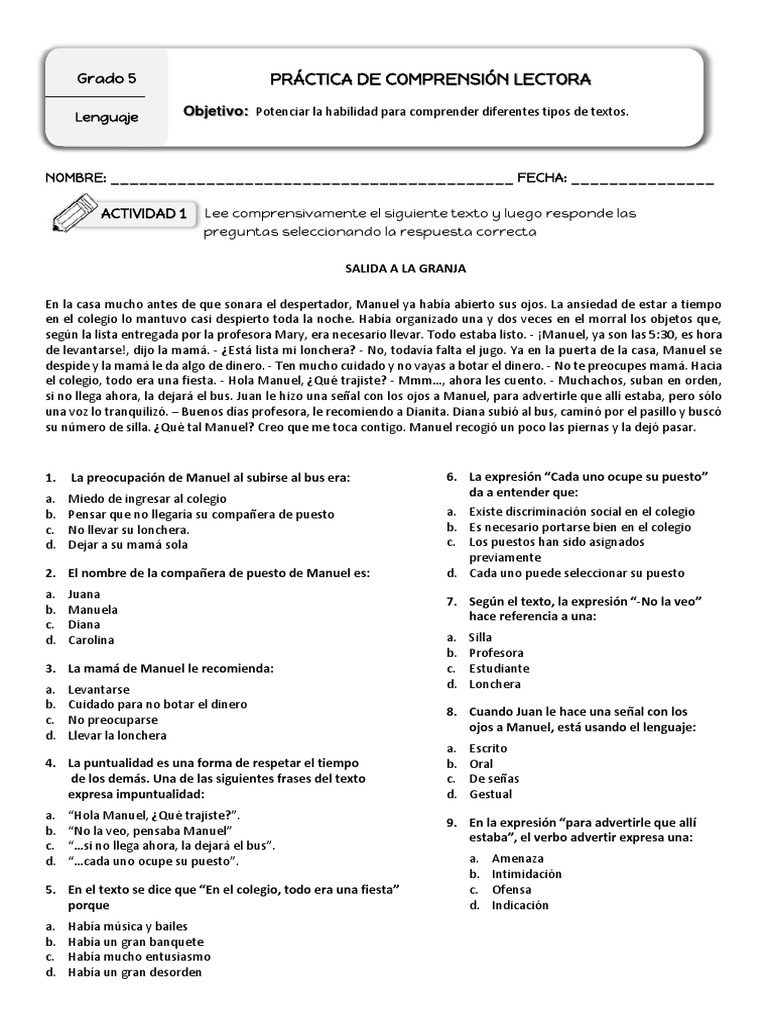 Comprensión Lectora Quinto | PDF | Comprensión lectora