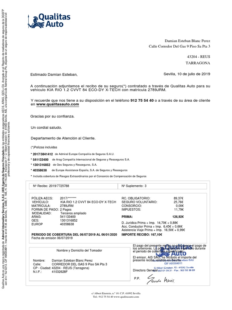 Recibo Póliza Seguro | PDF | Reaseguro | Póliza de seguros