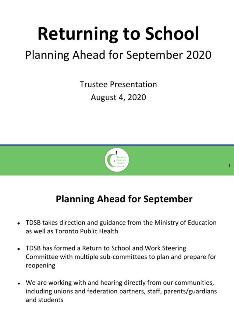TDSB Plan For Returning To School in September 2020 | PDF | Educational ...