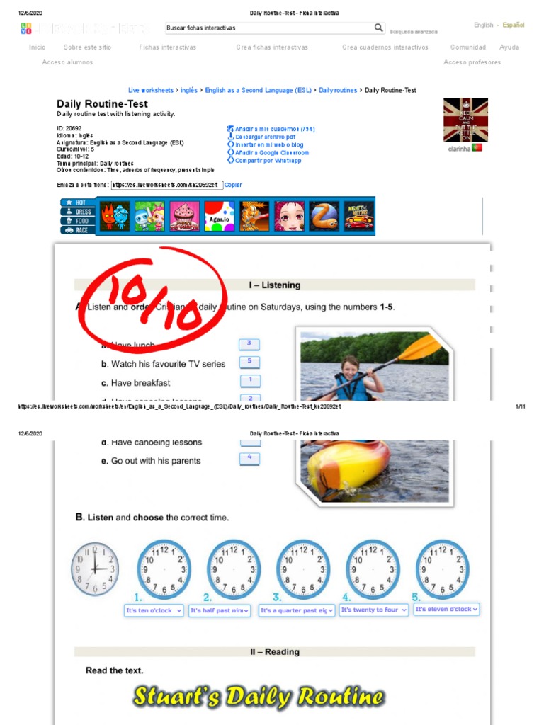 Daily Routine-Test - Ficha Interactiva | PDF