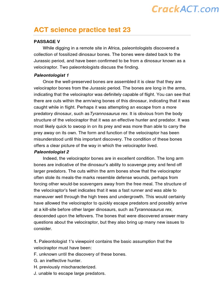ACT Science Practice Test 23 | PDF | Dinosaurs | Predation