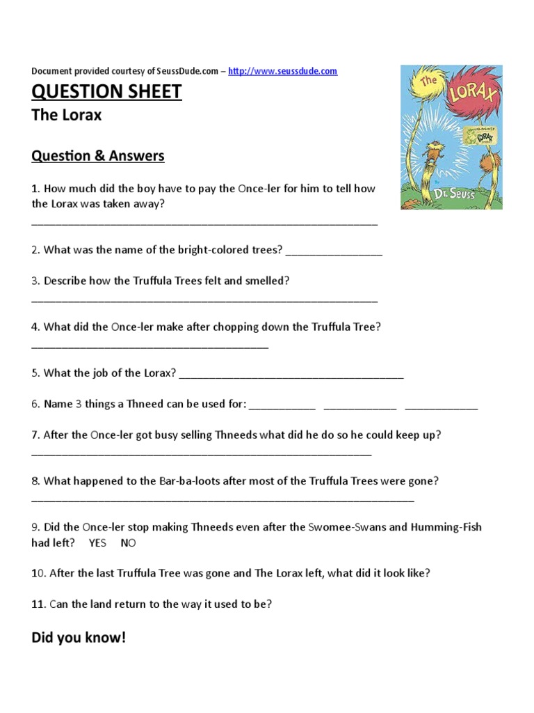 The Lorax Worksheet Answers Pdf