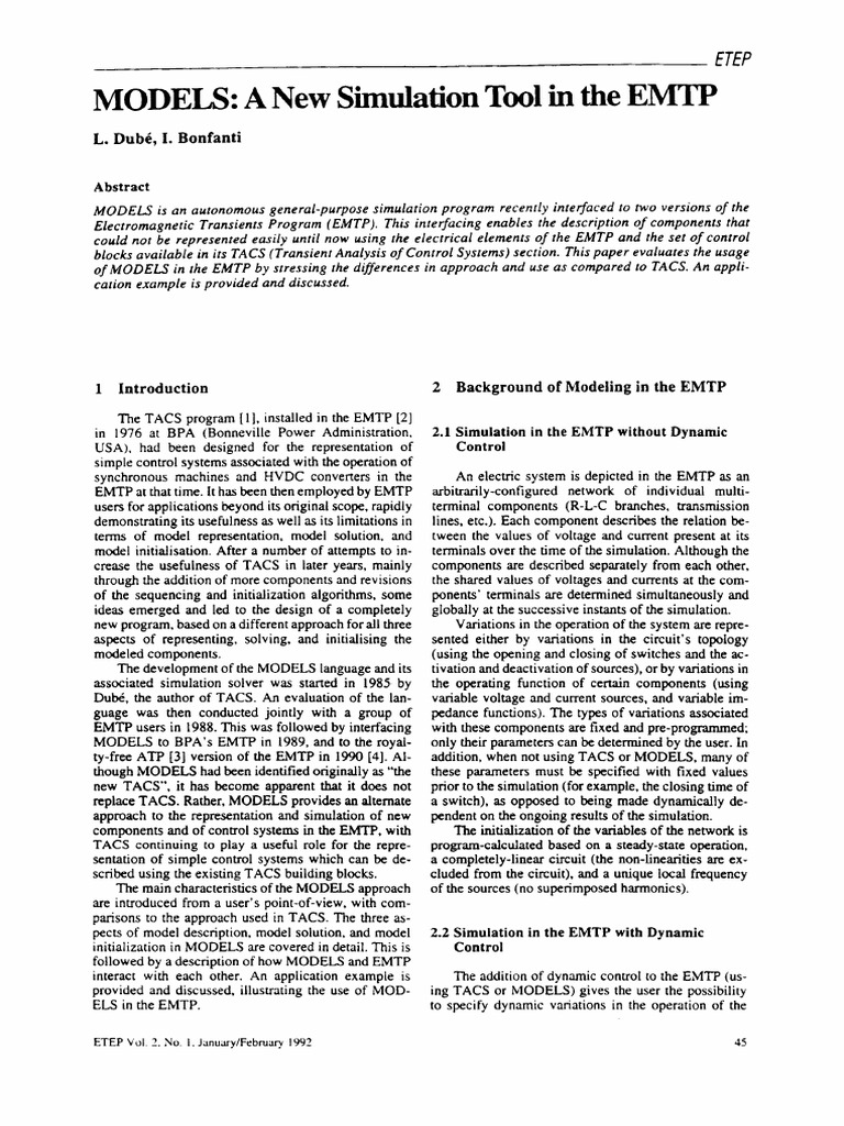 (1992) - MODELS A New Simulation Tool in The EMTP - Dubé | PDF ...