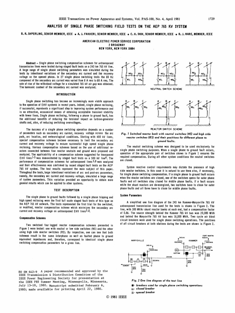 (1981) - Single Phase Switching Tests On The AEP 765 KV | PDF | Root ...