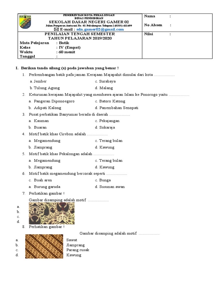 Soal Batik Kelas IV SMT 1 | PDF | Griya & Taman