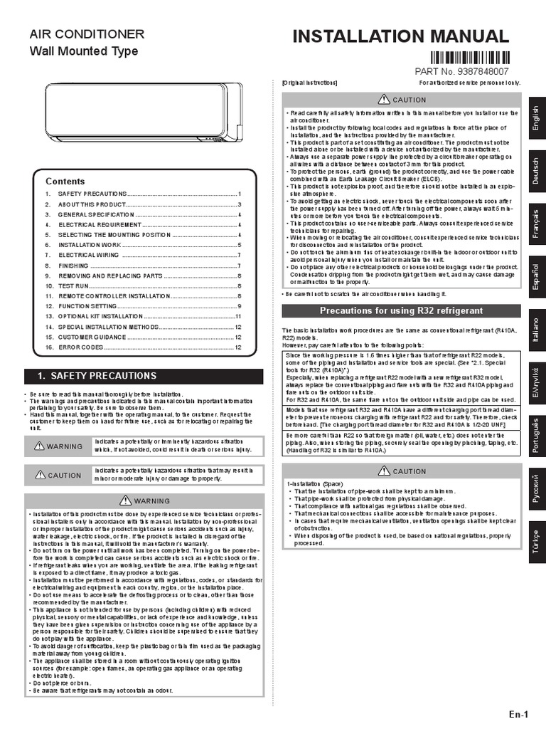 Installation Manual: Air Conditioner Wall Mounted Type | PDF ...