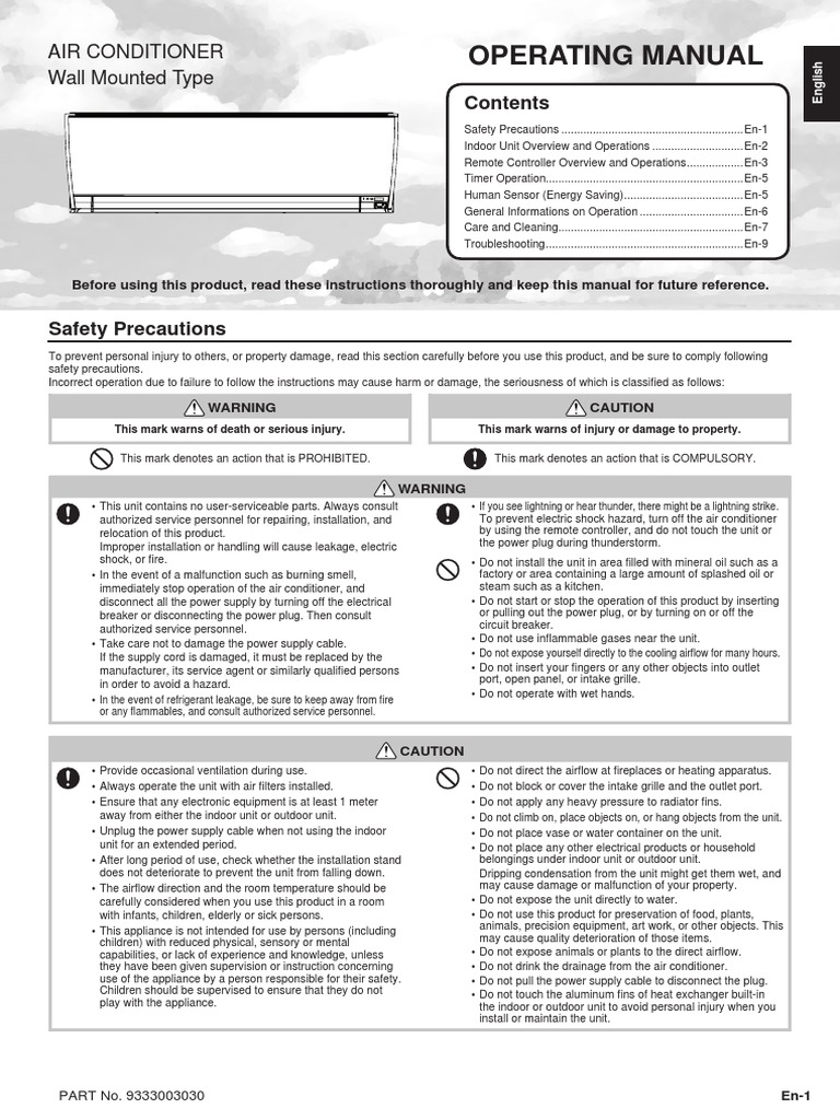 Operating Manual: Air Conditioner Wall Mounted Type | PDF | Timer | Air ...