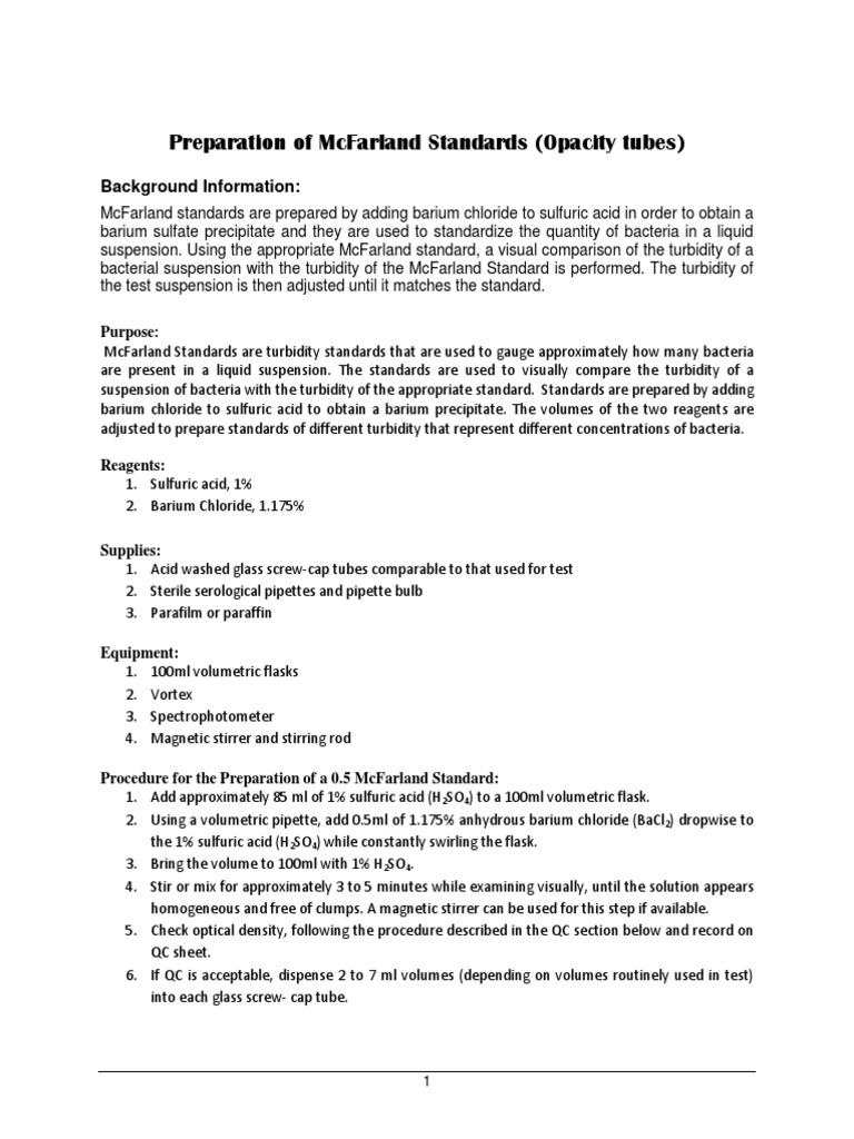 Preparation of Mcfarland Standards (Opacity Tubes) : Background ...