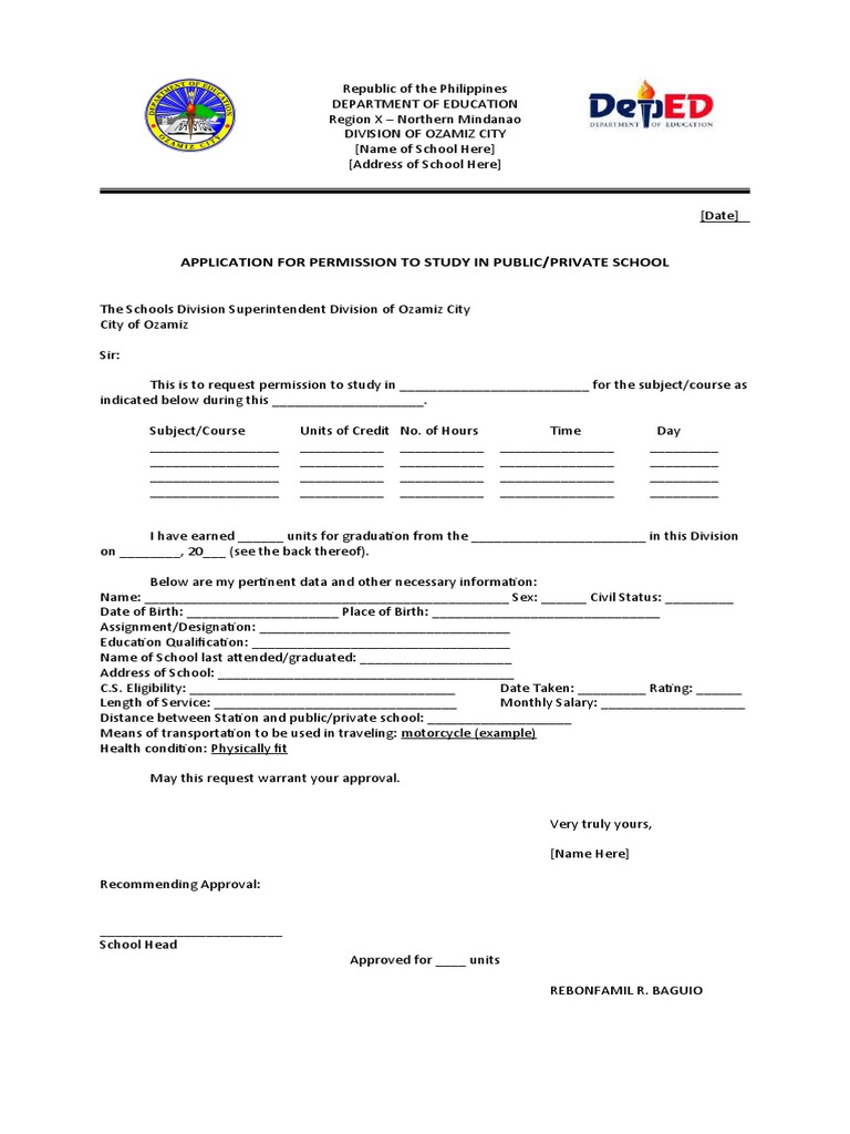 Application For Permission To Study in Public/Private School | PDF ...