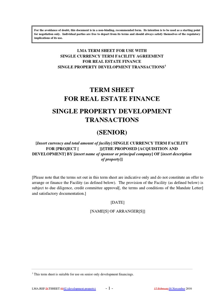 Term Sheet For Real Estate Finance Single Property Development ...