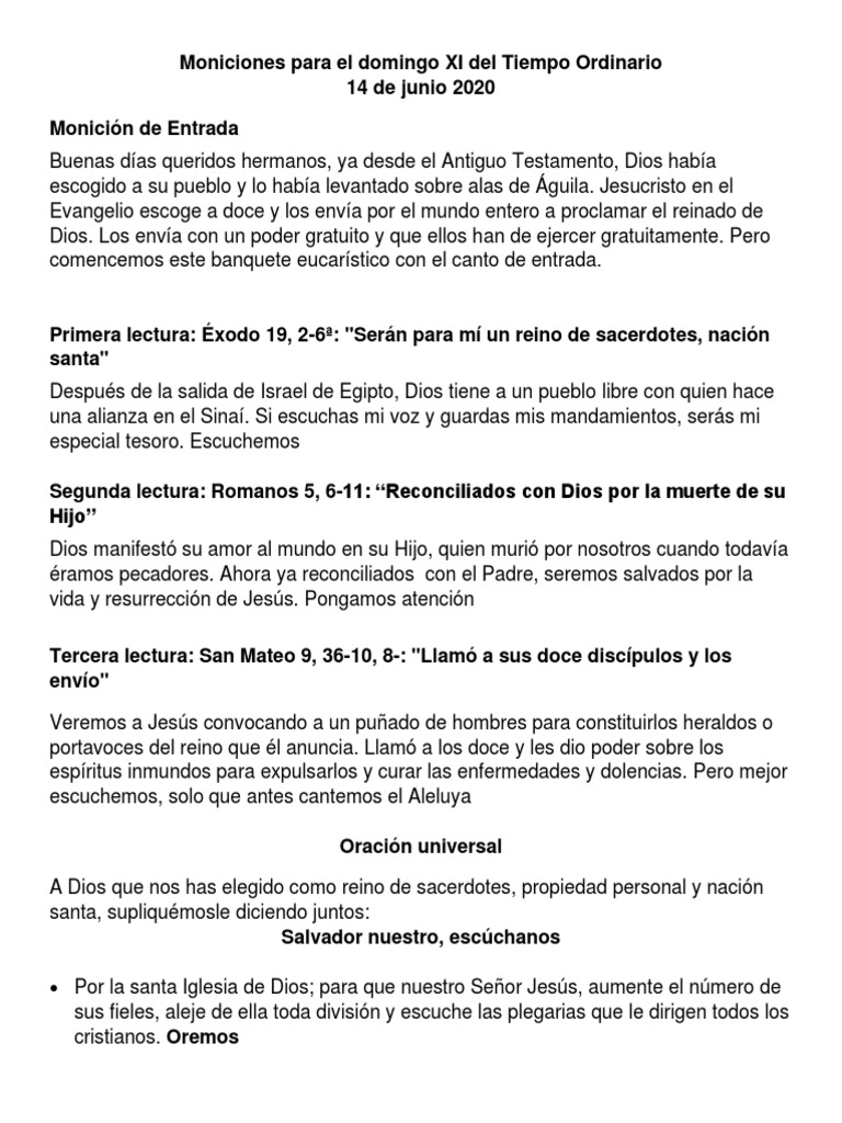 Moniciones para El Domingo XI Del Tiempo Ordinario | PDF | Cristo ...