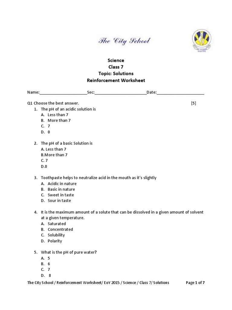 Science Class 7 Topic: Solutions Reinforcement Worksheet | PDF | Acid ...