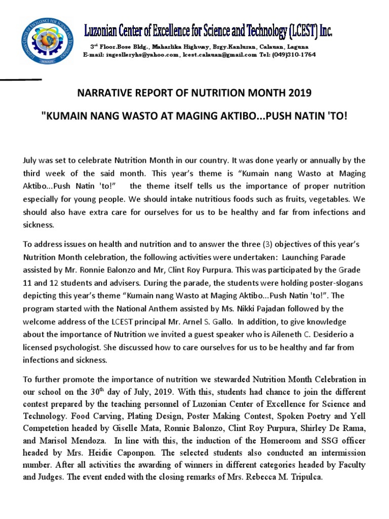 Narrative Report of Nutrition Month 2019 | PDF | Wellness