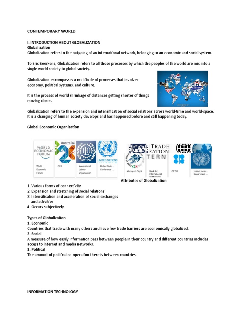 Contemporary World: I. Introduction About Globalization Globalization ...