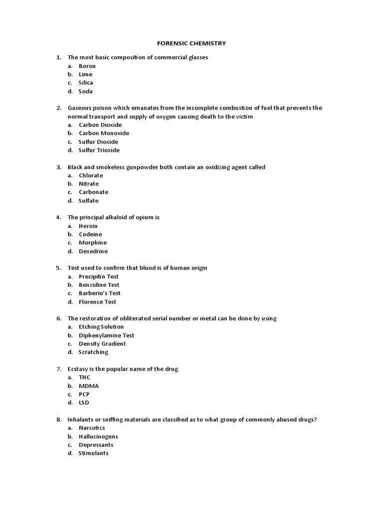FORENSIC CHEMISTRy Review Questions | PDF | Forensic Science | Morphine