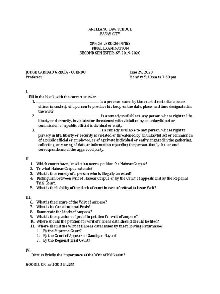 Spec Pro - Final Exam - Judge Cuerdo | PDF | Habeas Corpus | Courts