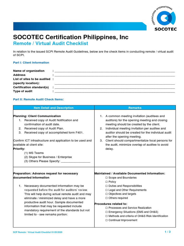 04 SCP Remote or Virtual Audit Checklist Rev 0 PDF | PDF | Audit ...