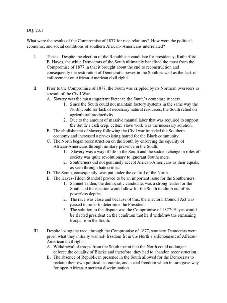 Compromise of 1877 - Discussion Questions | PDF | Southern United ...