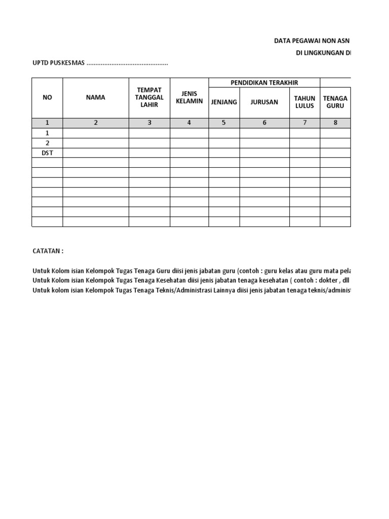 Format Pendataan Tenaga Non Asn - Dinkes 2020 | PDF