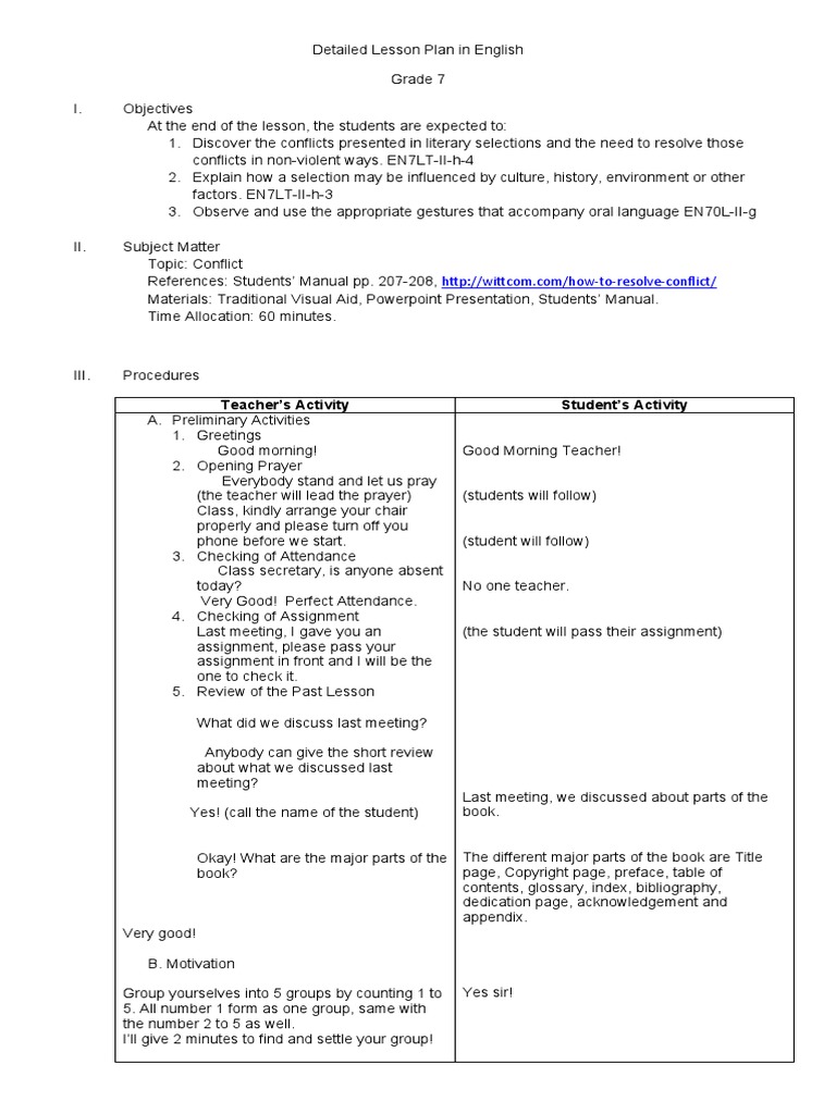 Detailed Lesson Plan in English 7 | PDF | Lesson Plan | Teachers