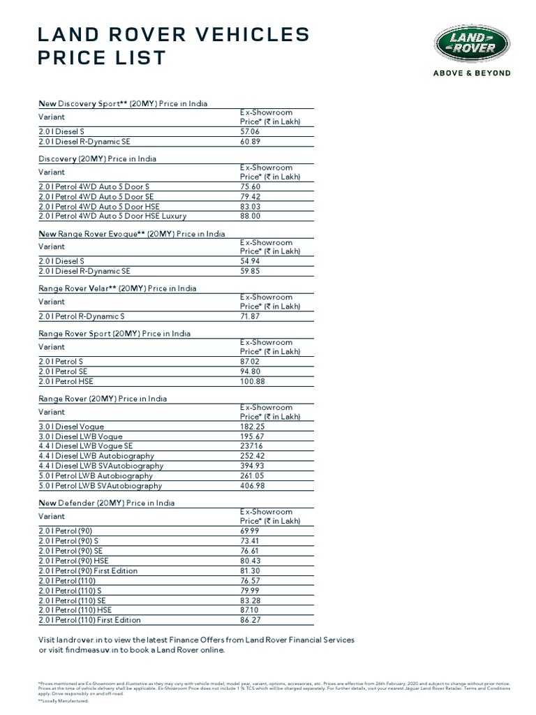 Land Rover price list with Discovery, Range Rover, Defender models ...