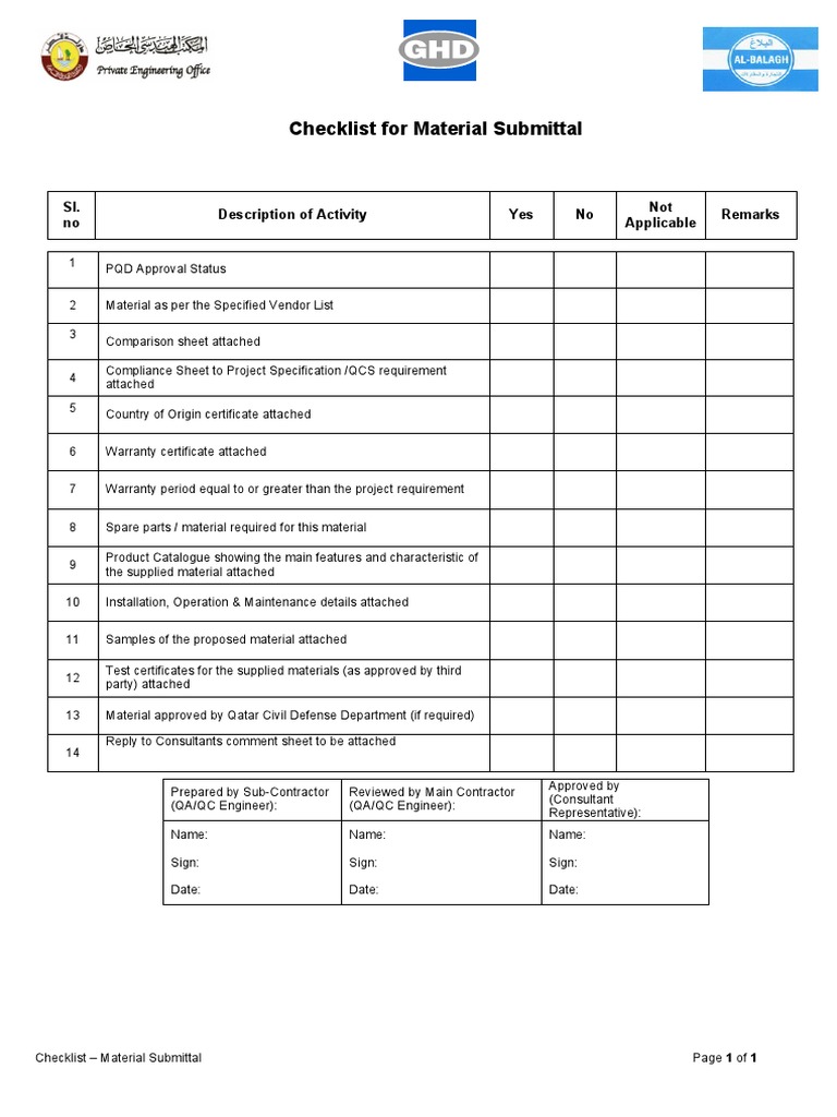 Material Submittal - Checklist | PDF