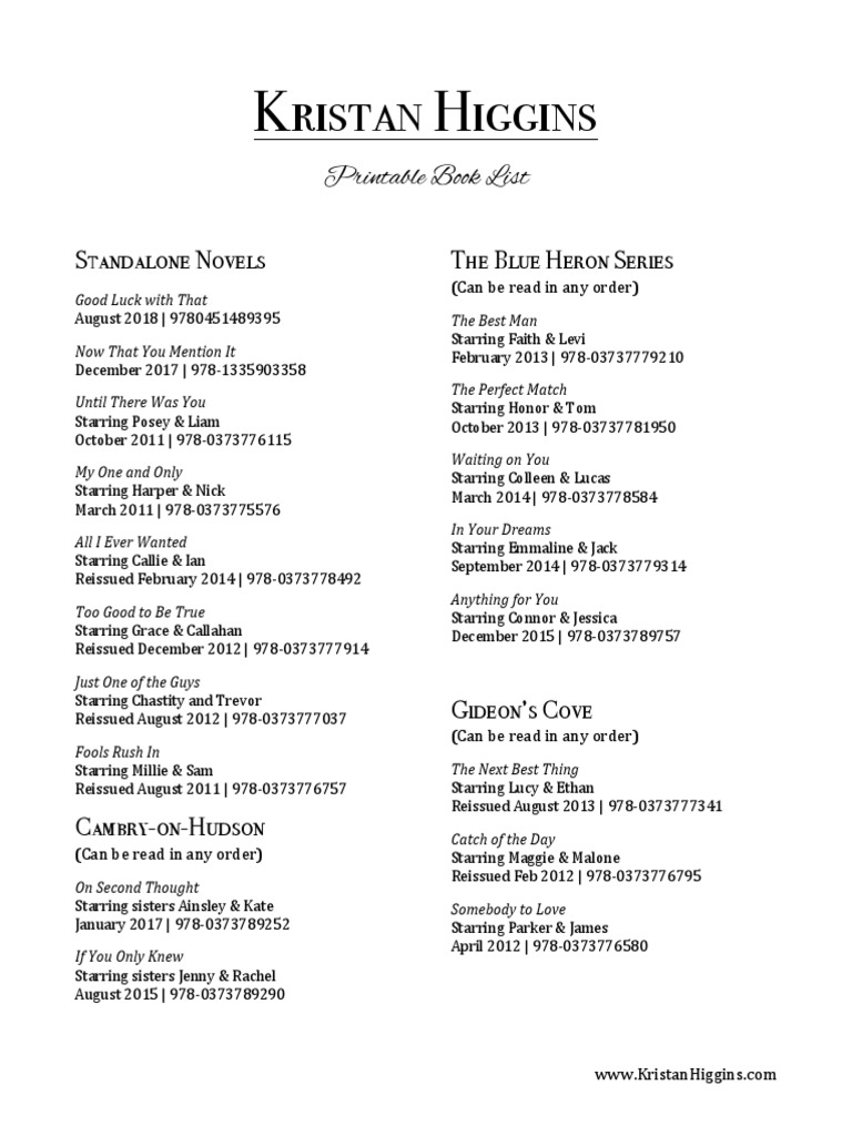 Kristan Higgins Book List PDF | PDF