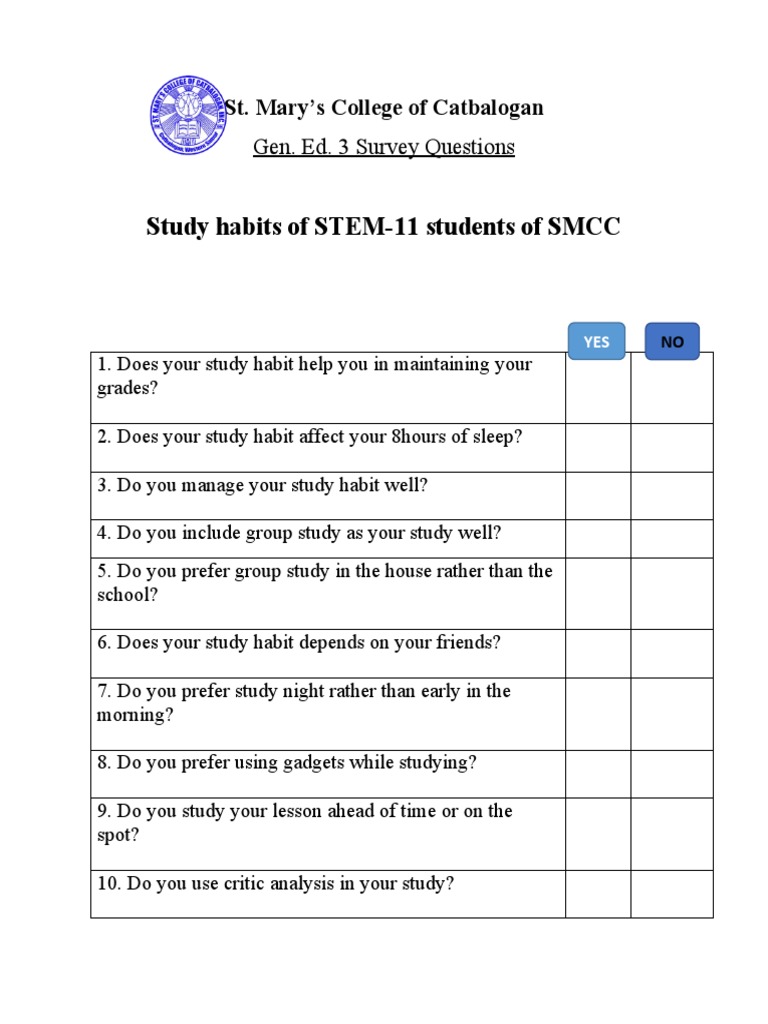 Study Habits of STEM-11 Students of SMCC: St. Mary's College of ...