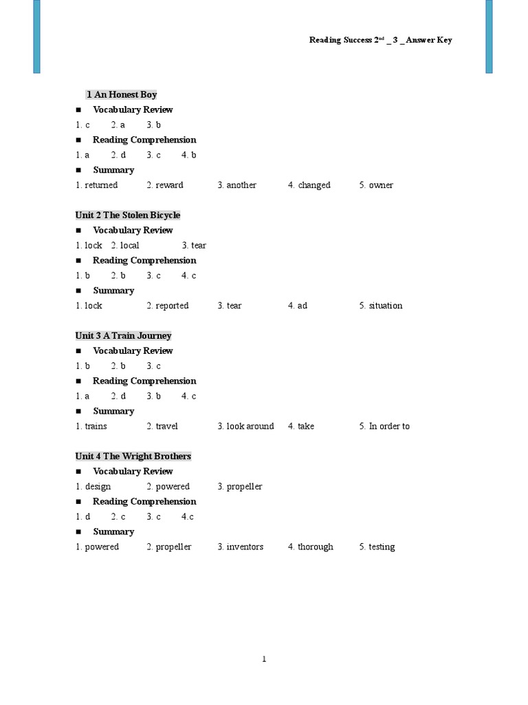 Reading Success 3 Answer Key | PDF | Reading Comprehension