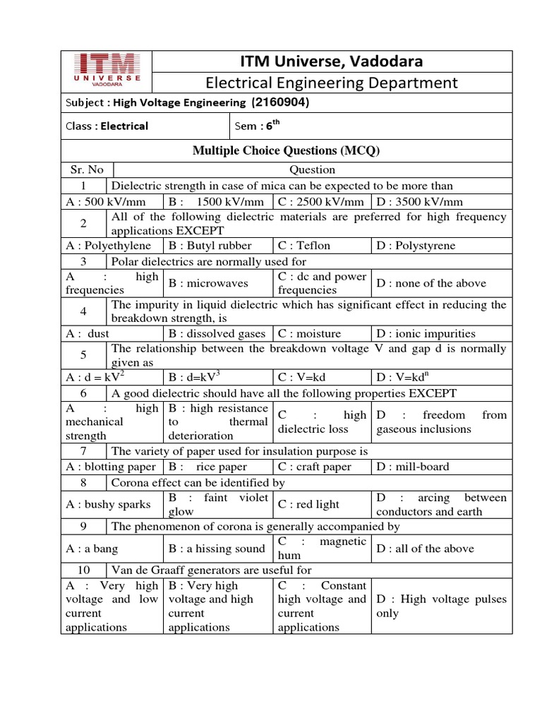 MCQ Questions HVE | PDF | Electrical Breakdown | High Voltage