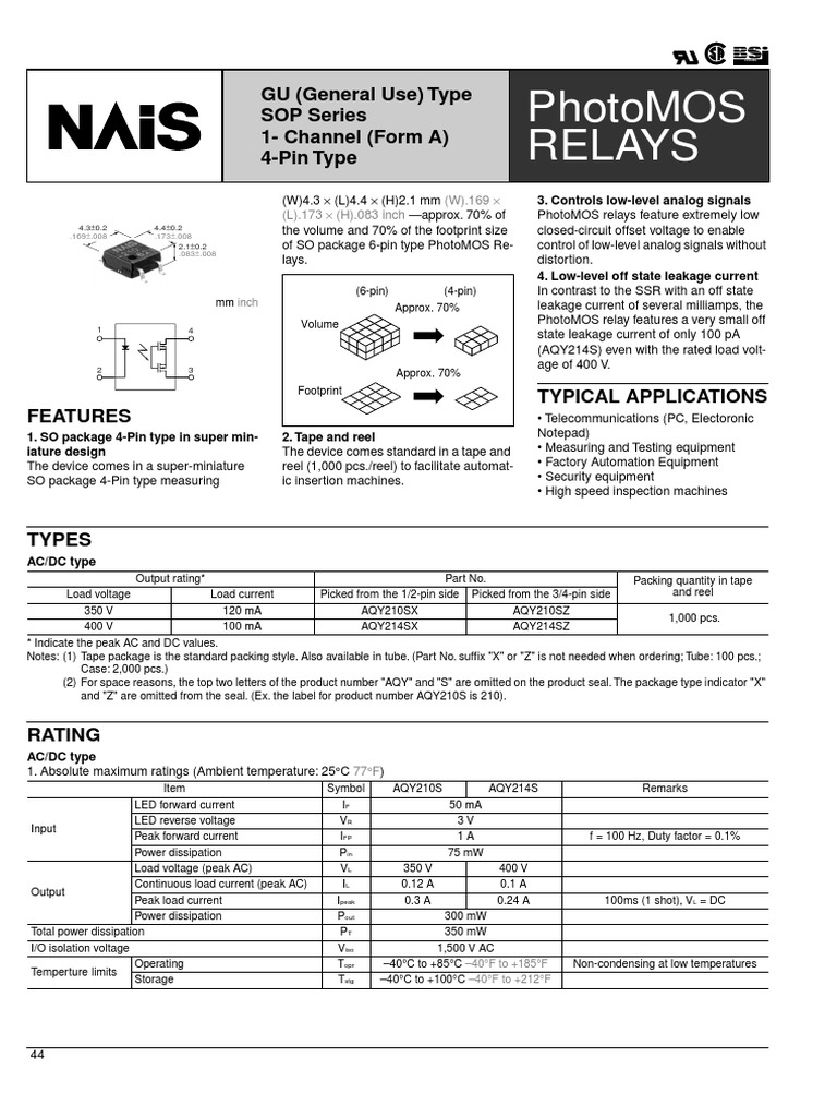 Photomos Relays: Gu (General Use) Type Sop Series 1-Channel (Form A) 4 ...