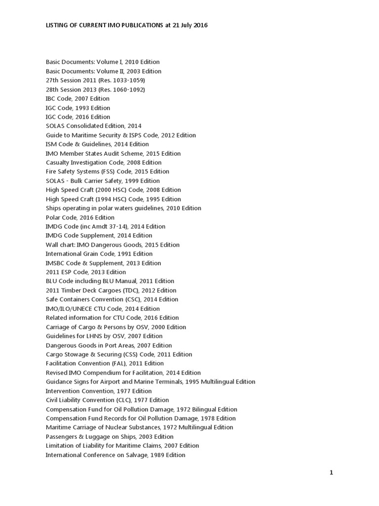 Listing of Current Imo Publications at 21 July 2016 | PDF | Science & Mathematics