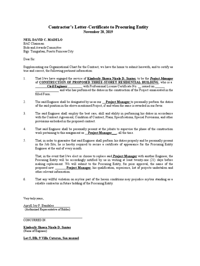 Contractor's Letter-Certificate To Procuring Entity | PDF | Engineer ...
