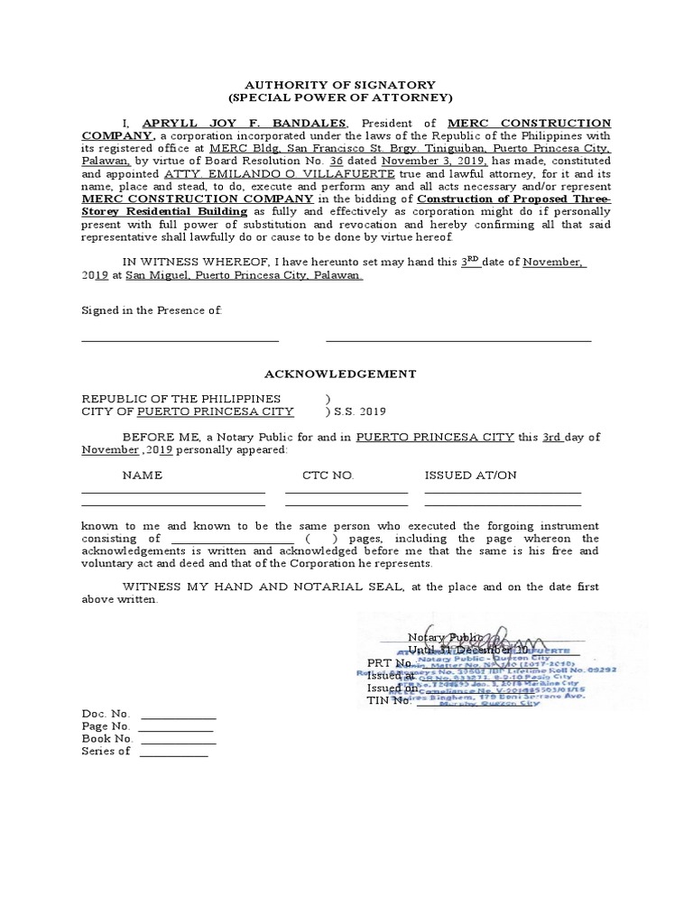 AUTHORITY OF SIGNATORY Power of Attorney | PDF | Civil Law (Common Law) | Social Institutions