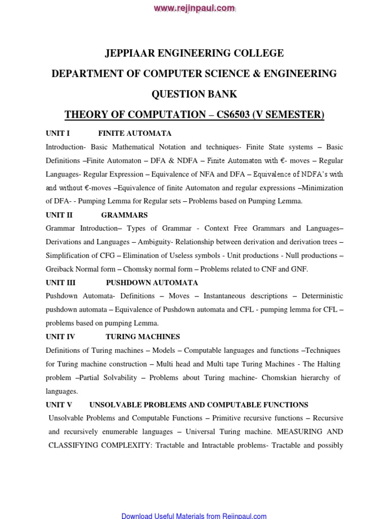 Jeppiaar Engineering College Question Bank | PDF | Formal Methods ...