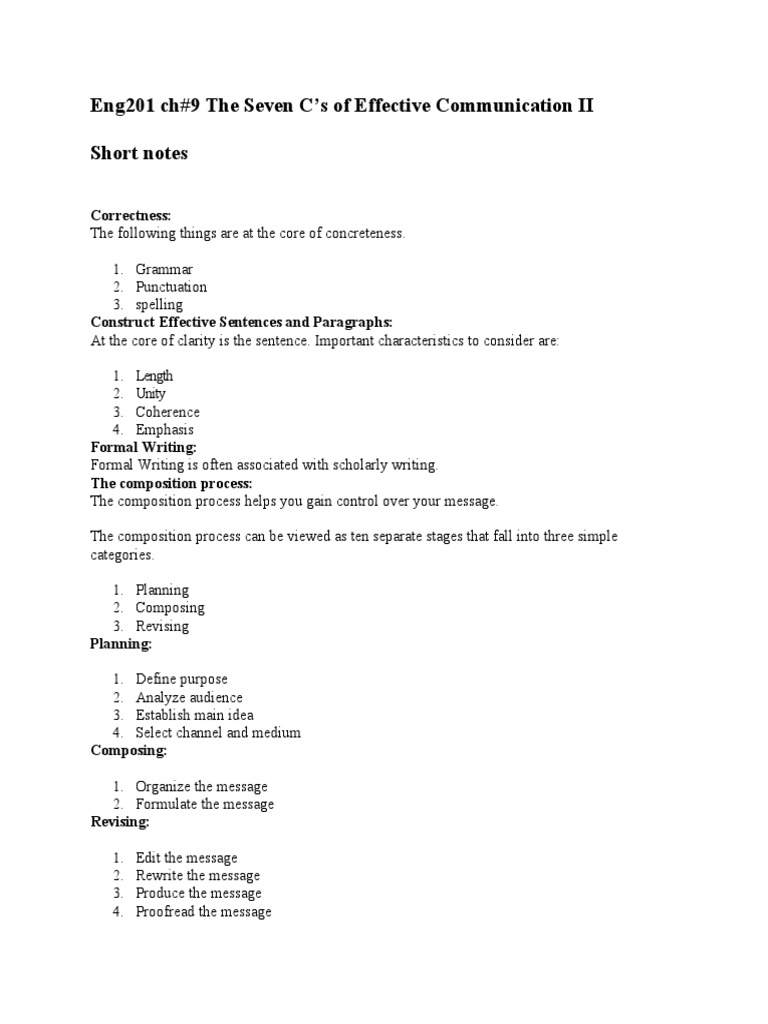 Eng201 ch#9 The Seven C's of Effective Communication II Short Notes | PDF