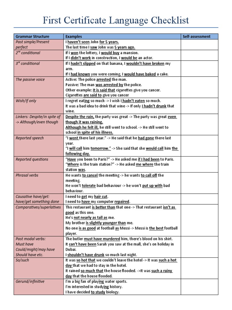 First Certificate Grammar Checklist 1 | PDF | Semantic Units | Language ...