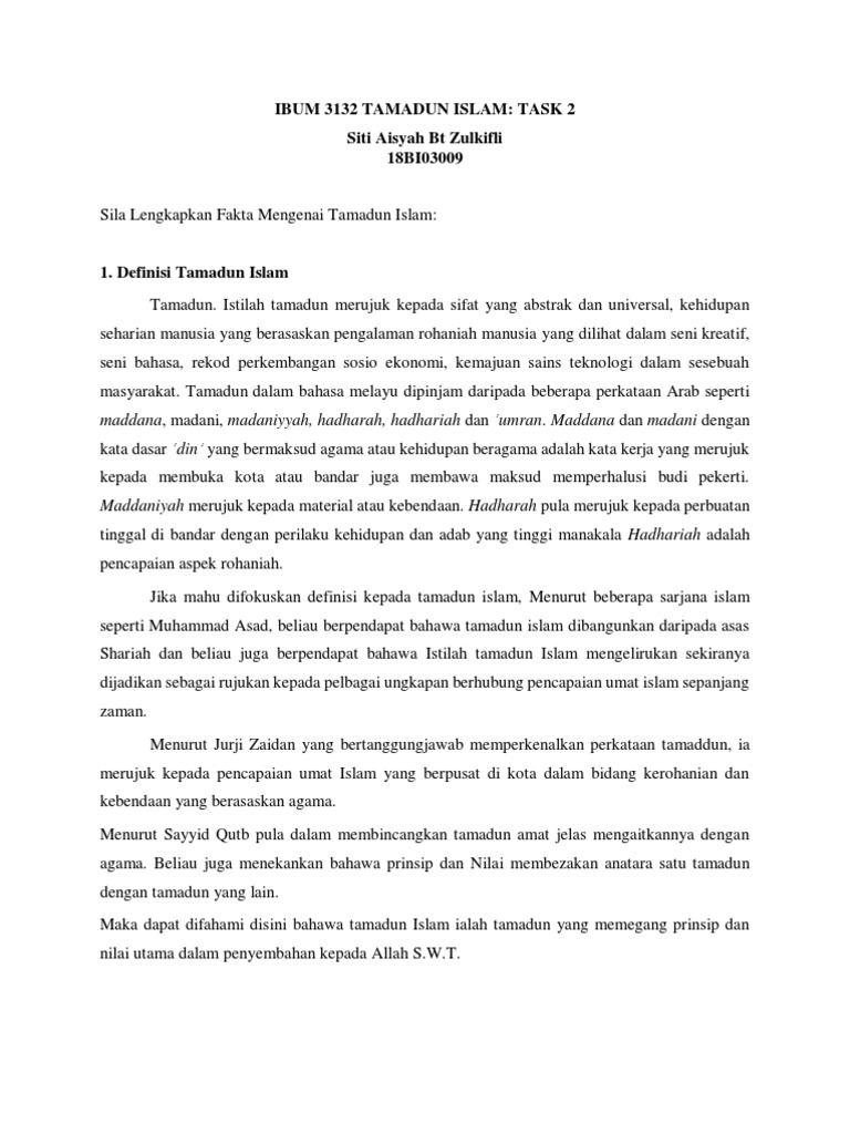 Definisi, Asas, Ciri, Matlamat, Prinsip Dan Sumber Tamadun Islam | PDF