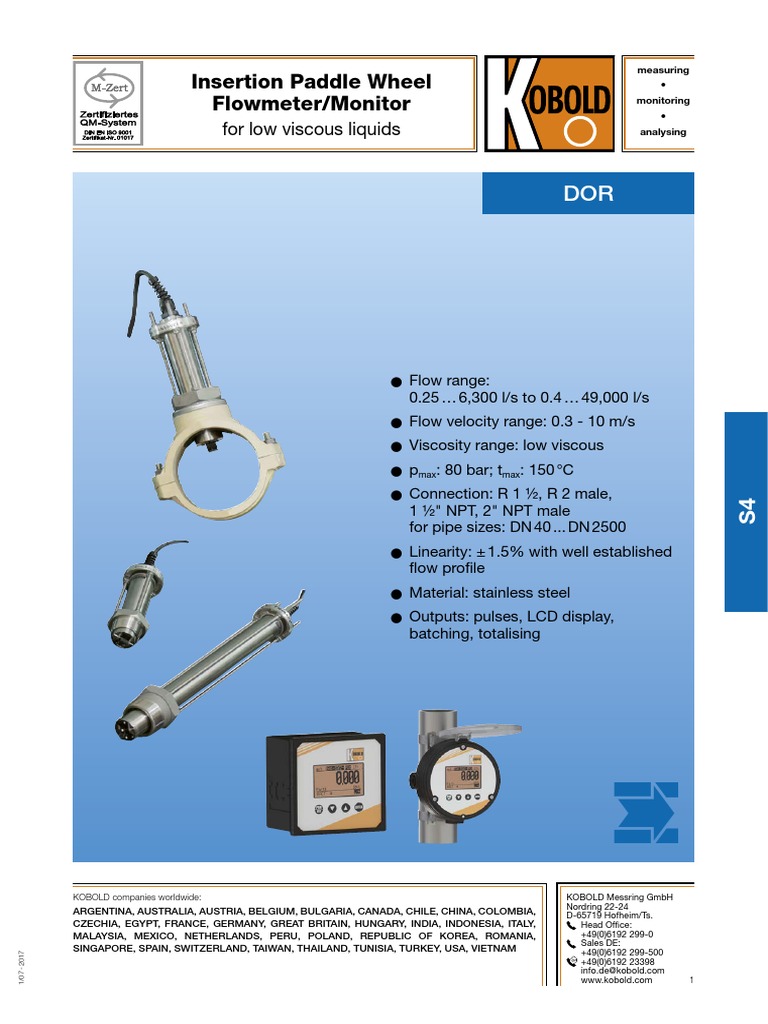 Insertion Paddle Wheel Flowmeter/Monitor: For Low Viscous Liquids | PDF ...