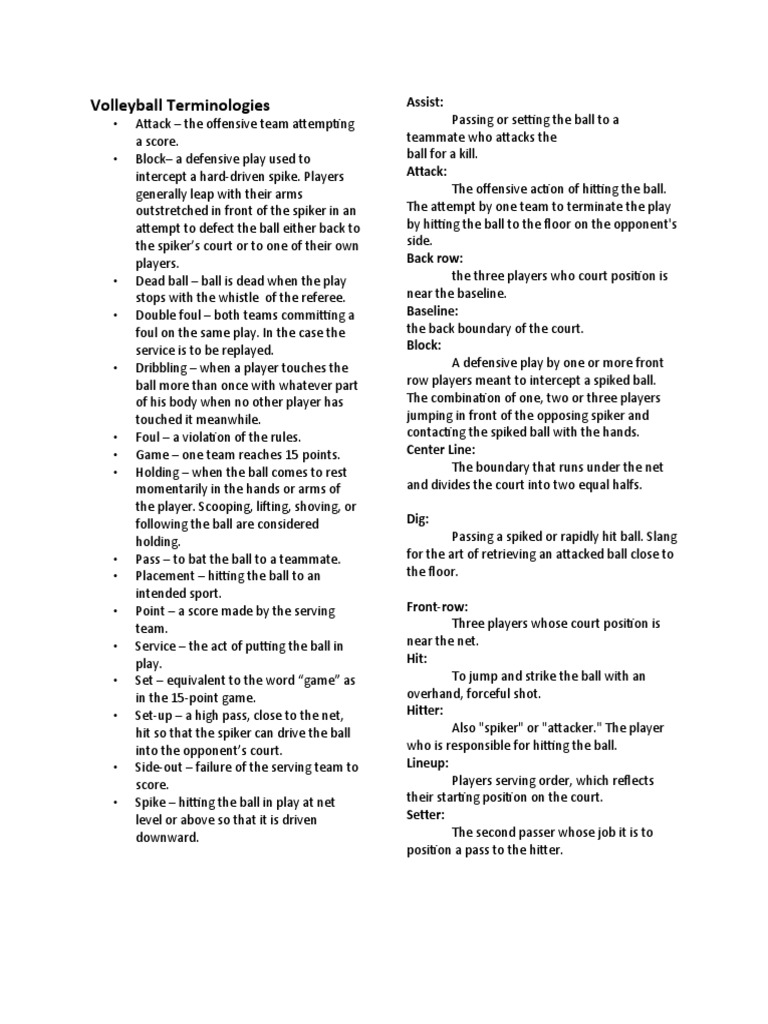 Glossary of Volleyball Terminology | PDF | Volleyball | Ball Games