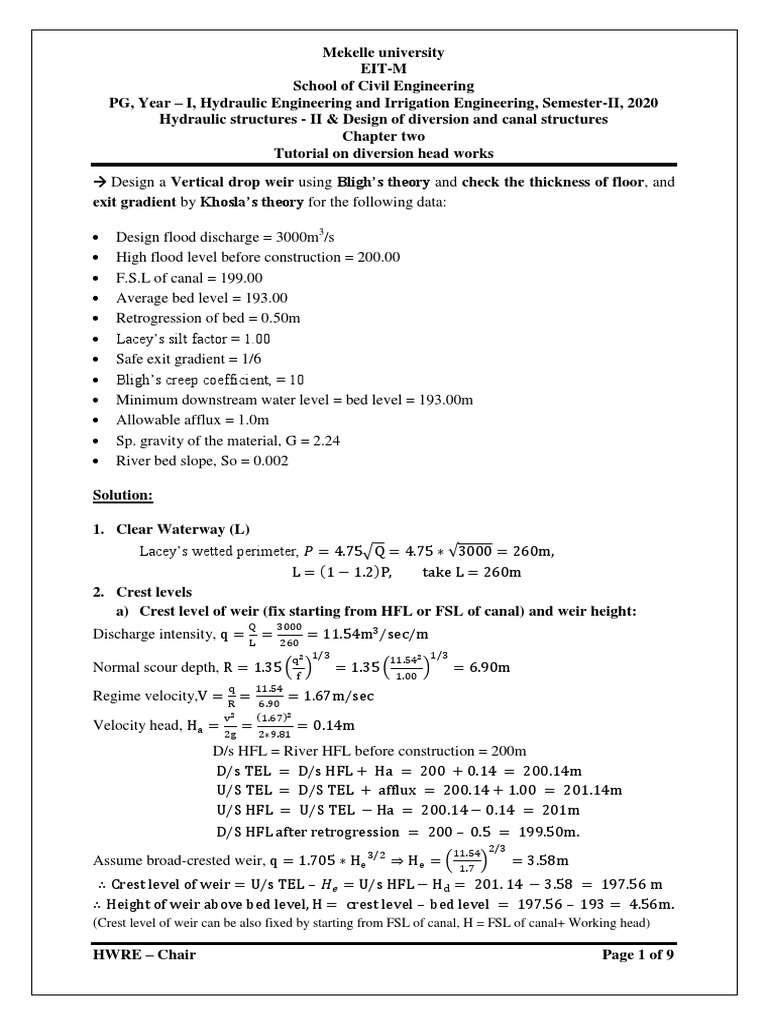 Design of Vertical Drop Weir PG, Example, 2020 | PDF | Concrete | Civil ...