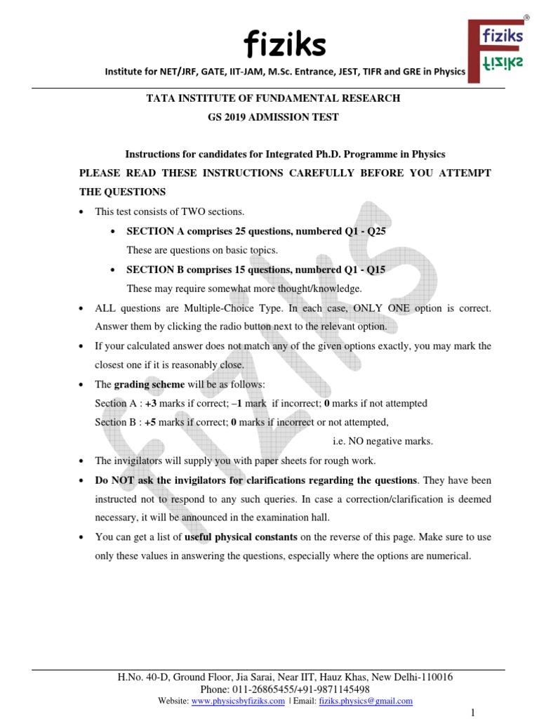 TIFR 2018 (PHD) | PDF | Electronvolt | Quantum Mechanics