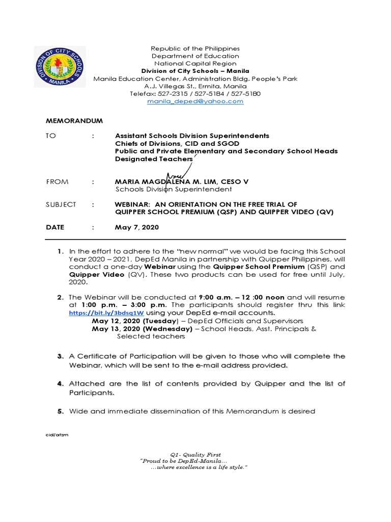 Division of City Schools - Manila: Q1-Quality First "Proud To Be Deped ...